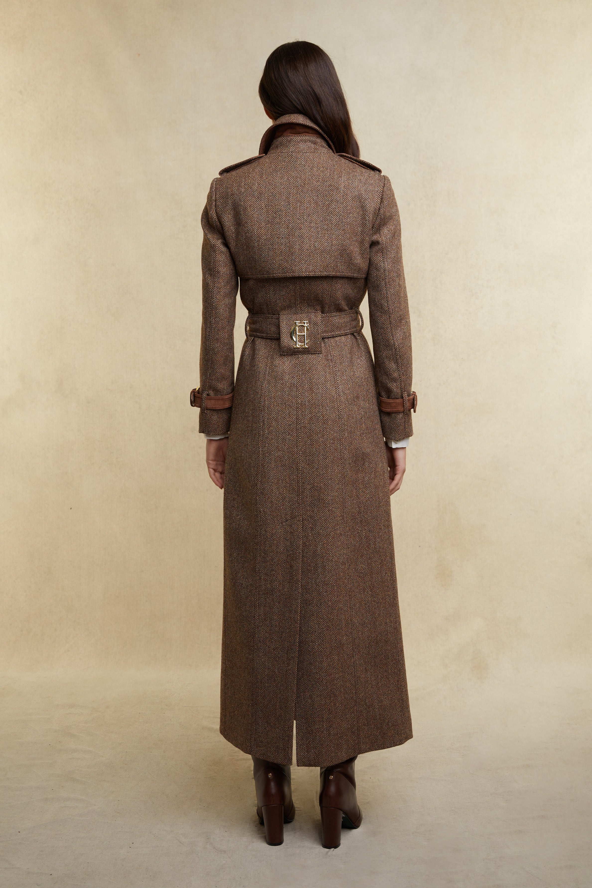 Full Length Marlborough Trench Coat (Large Scale Brown Herringbone ...